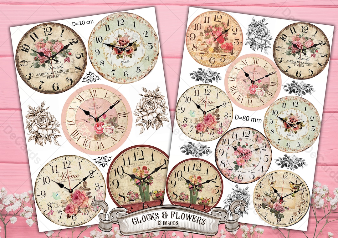2 Digital Paper Printable "clocks & Flowers" A4 Sheet Set -13 High ...