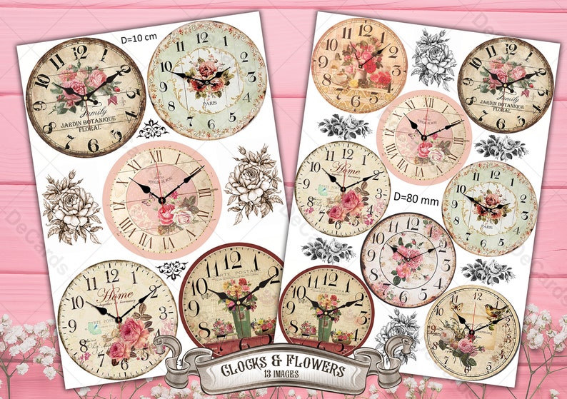 2 Digital Paper Printable clocks & Flowers A4 Sheet Set 13 High ...