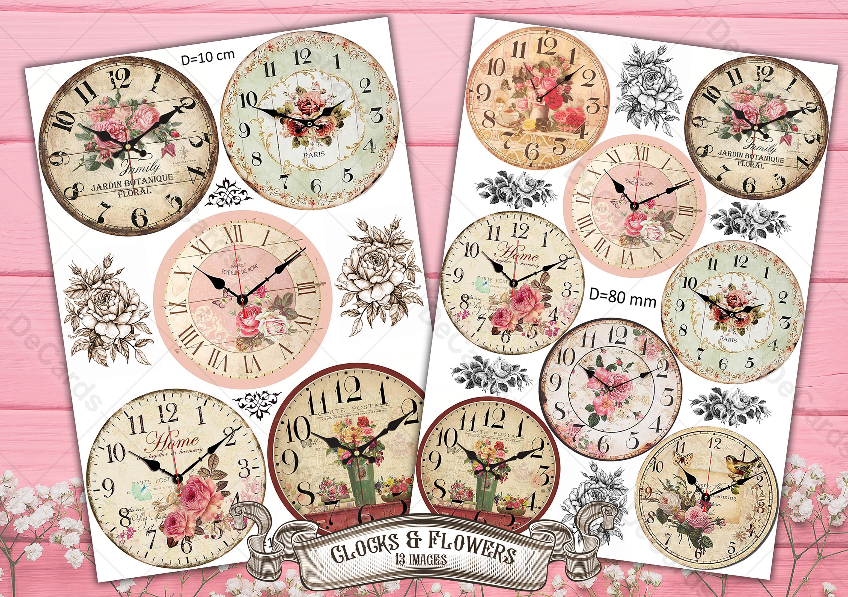 2 Digital Paper Printable clocks & Flowers A4 - Etsy