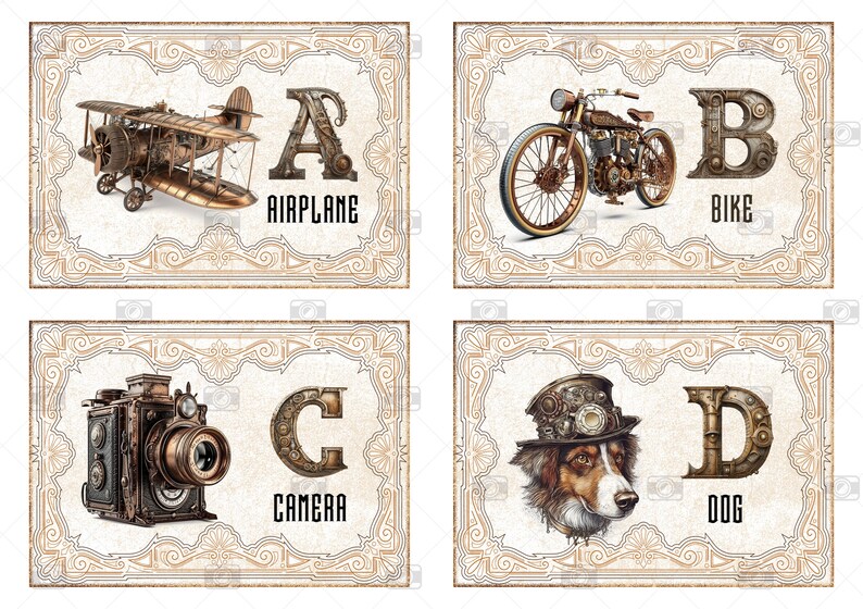 26 Steampunk Alphabet Flashcards Printable ABC Cards With - Etsy