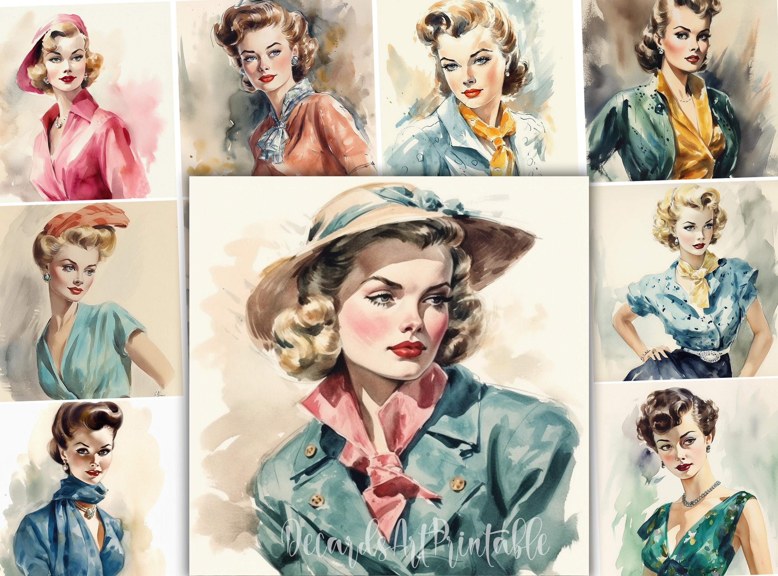 1950s Fashion Girl Clipart 16 Printable Watercolor Woman - Etsy