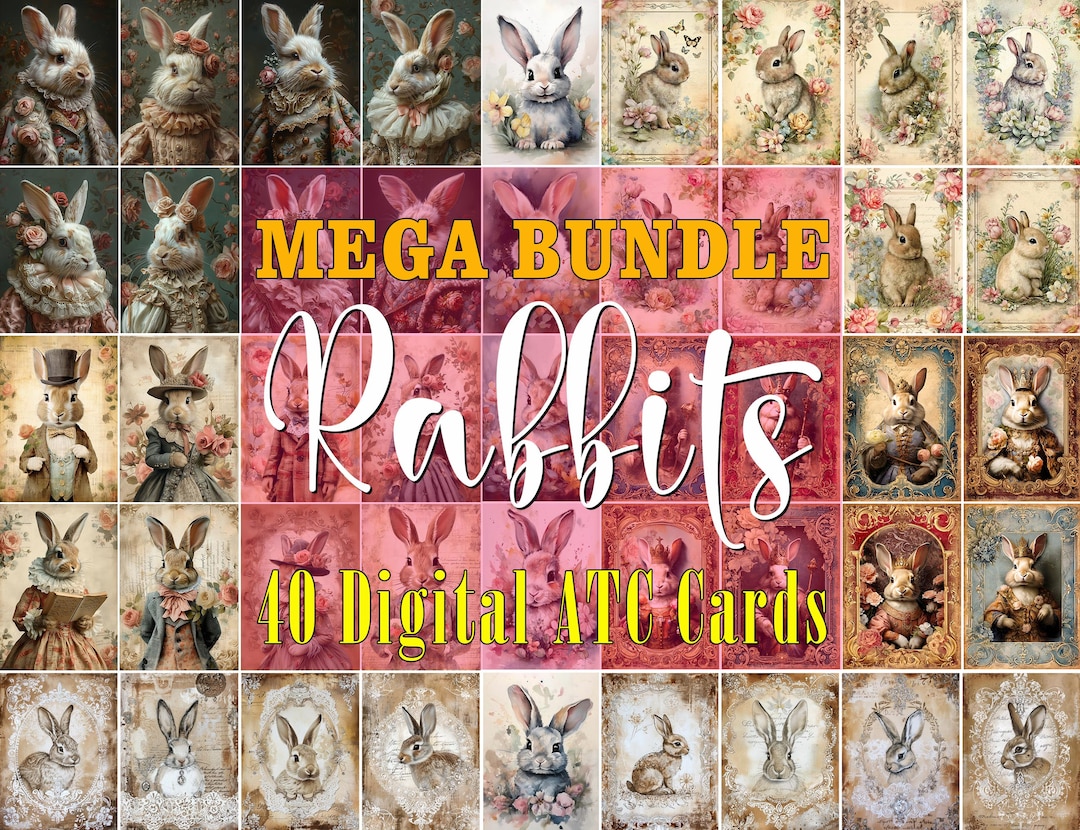 40 Bunny Rabbit Mega Bundle Digital ATC Cards - Printable Floral ...