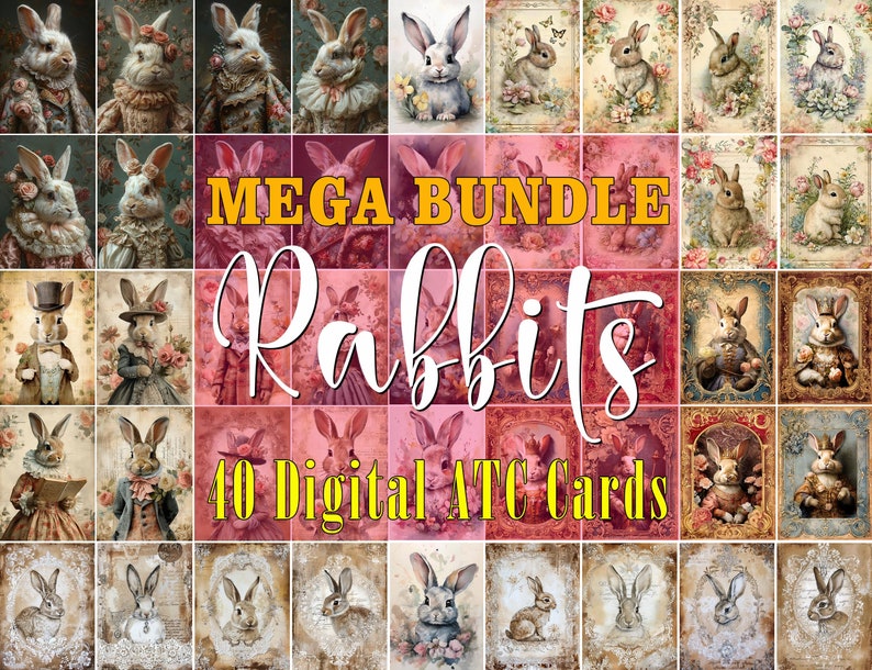 40 Bunny Rabbit Mega Bundle Digital ATC Cards - Printable Floral ...