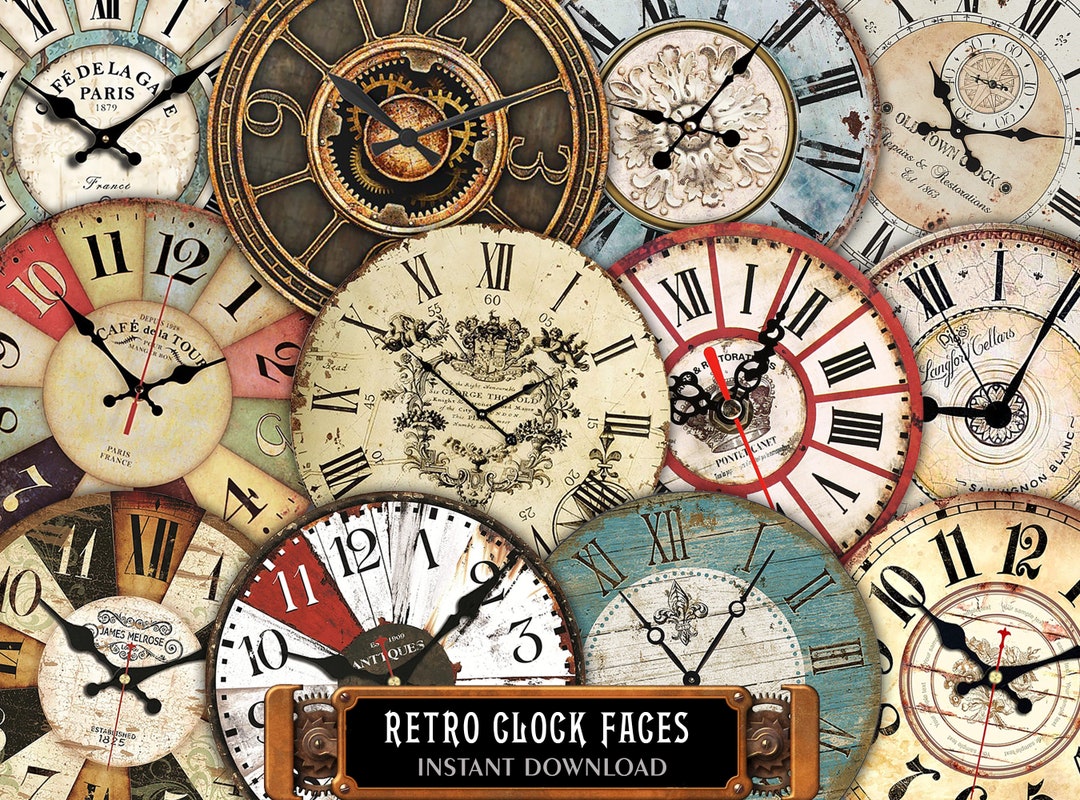 32 Retro Clock Face Dials Kit of 3 Digital Printable A4 Sheets - Ø2 ...