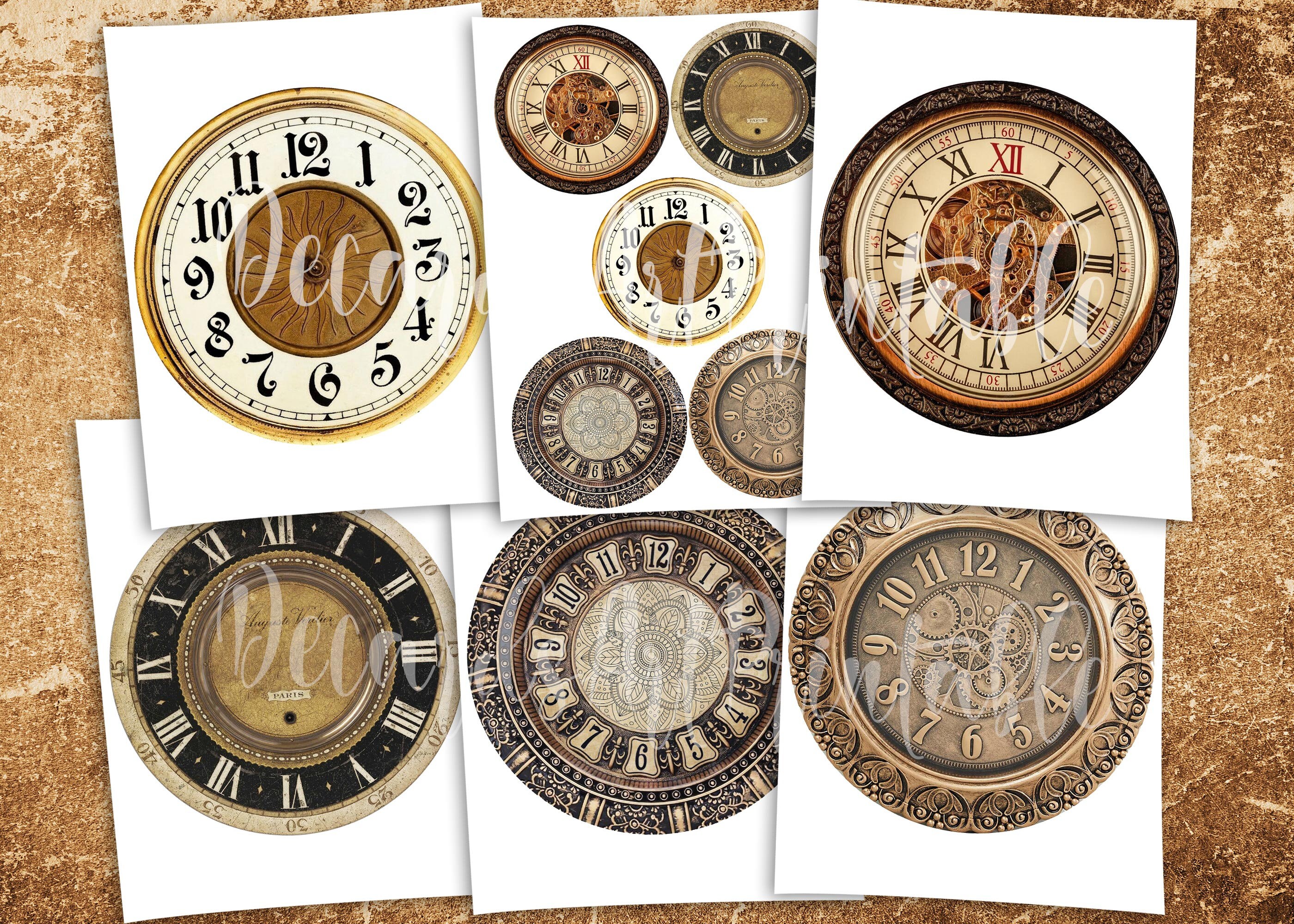 5 Retro Clock Faces 8", 6", 4" Antique Watch Template Images for ...