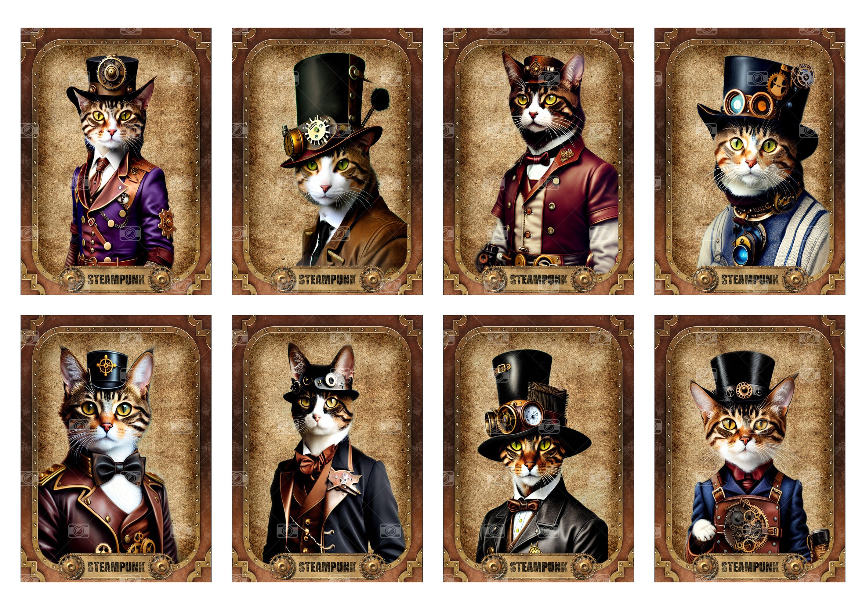 Digital ATC Cards Steampunk Cats AI Generated Art - 8 Downloadable ACEO ...