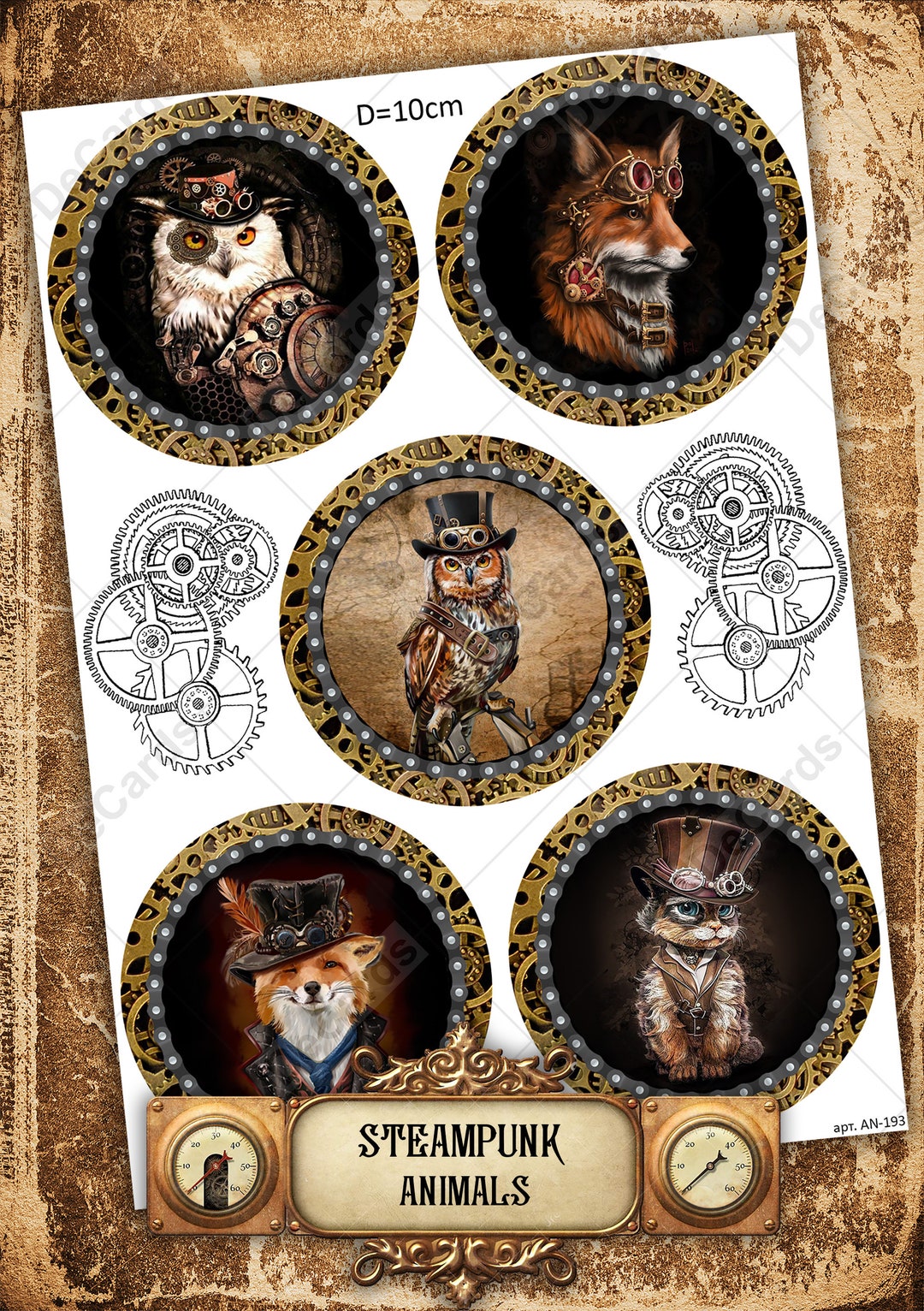 Digital Printable Paper "steampunk Animals" 5 Images ø100mm JPG High ...