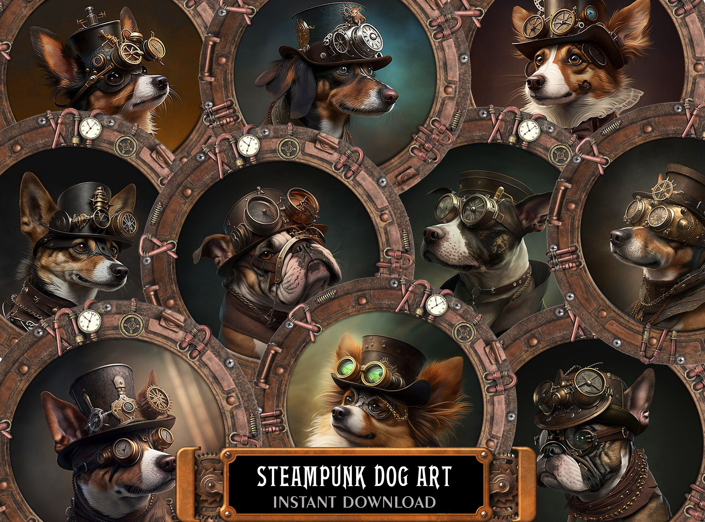 18 Digital Steampunk Dog Portrait Round Frame Pet Painting Bulldog ...