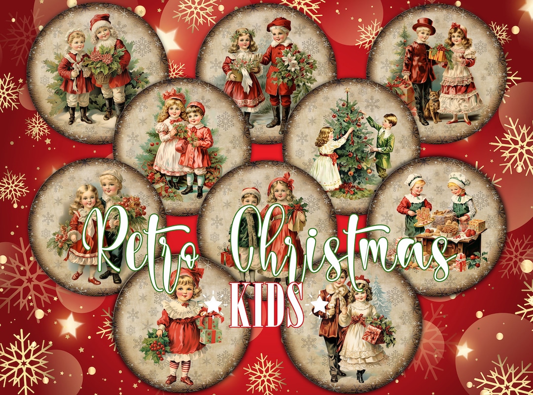 10 Retro Christmas Kids Vintage Victorian Art Round Images PNG and 3 ...
