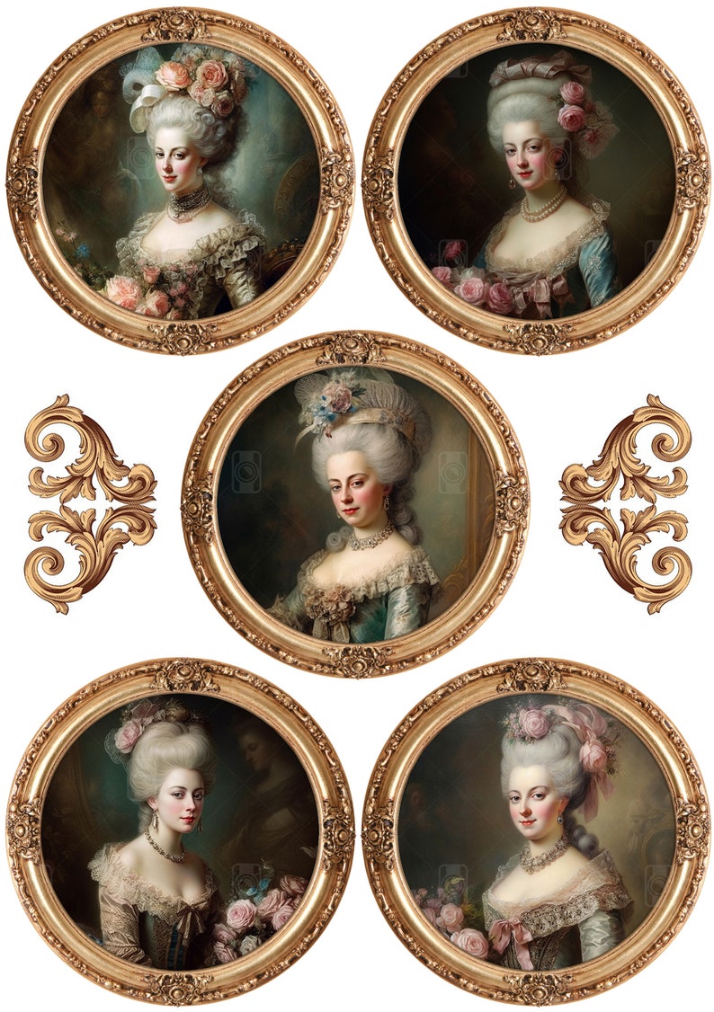 20 Marie Antoinette Digital Printable 4"(100mm), 3.15"(80 Mm) Circle ...