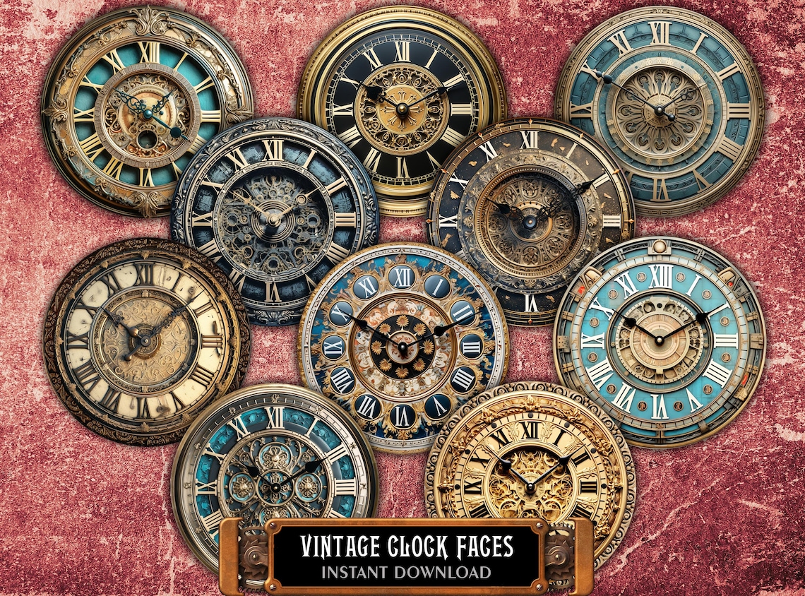 Vintage Clock Face PNG Images Kit and 2 Printable A4 Sheets 10 Round ...
