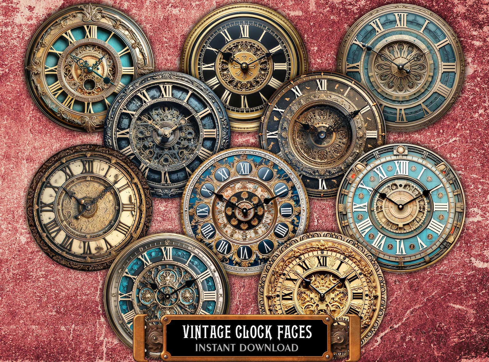 Vintage Clock Face PNG Images Kit and 2 Printable A4 Sheets - 10 Round ...