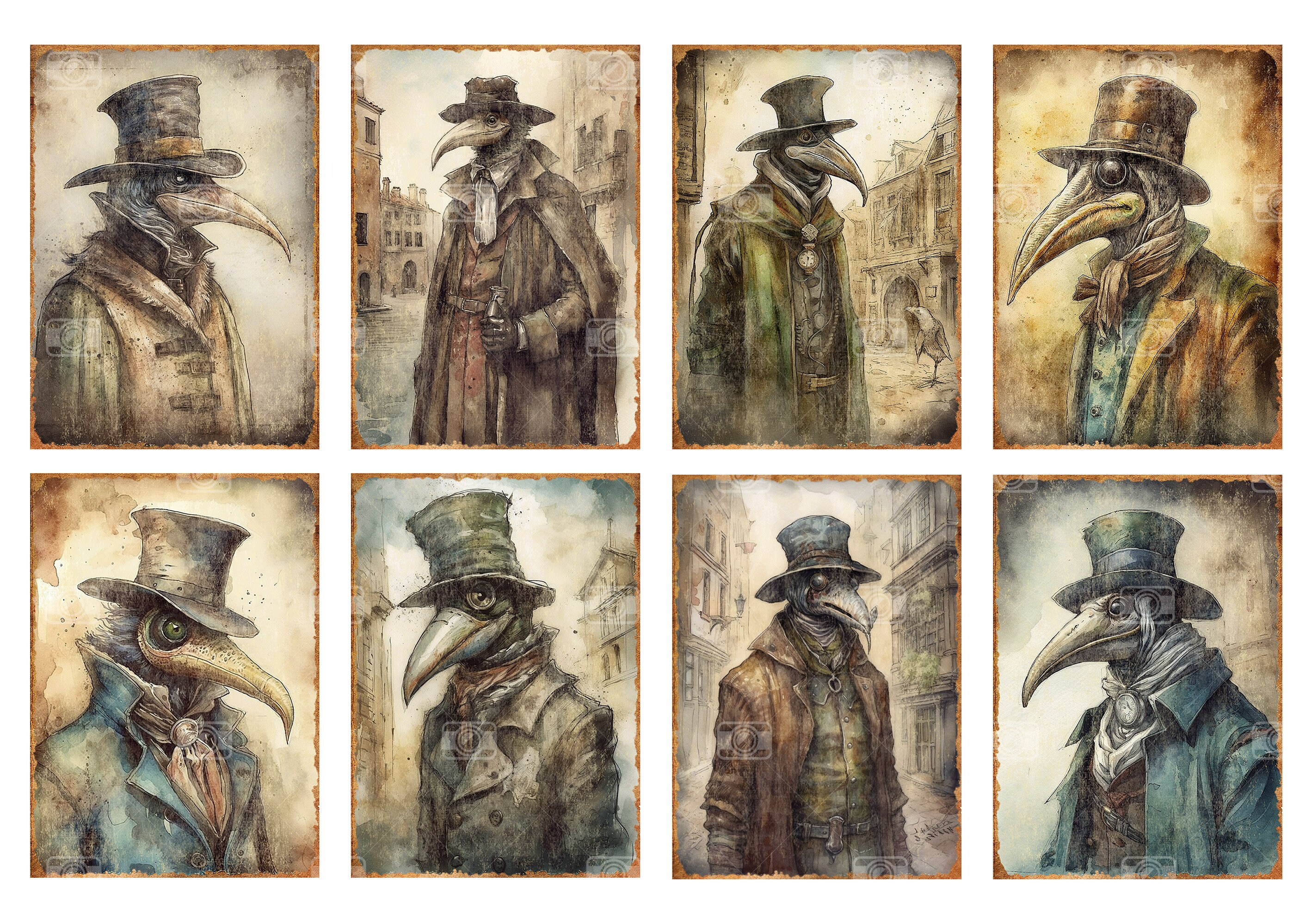Plague Doctor Digital ATC Cards 8 ACEO Macabre Art Watercolor Printable ...