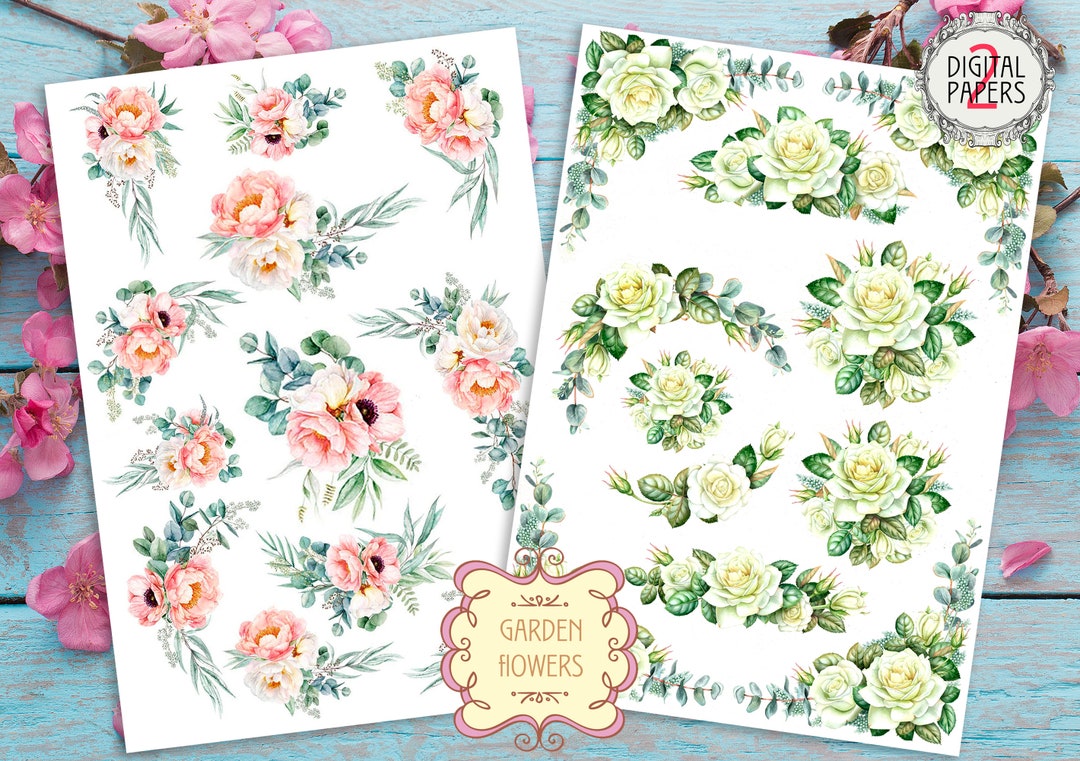 2 Digital Printable Paper "garden Flowers" A4 Sheet - Set of 23 Floral ...