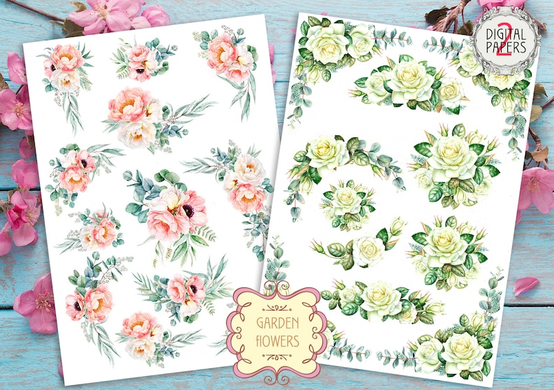 2 Digital Printable Paper "garden Flowers" A4 Sheet - Set of 23 Floral ...