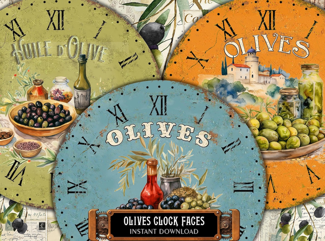 9 Olives Clock Faces 8", 6", 4" Rustic Kitchen French Country Decor ...