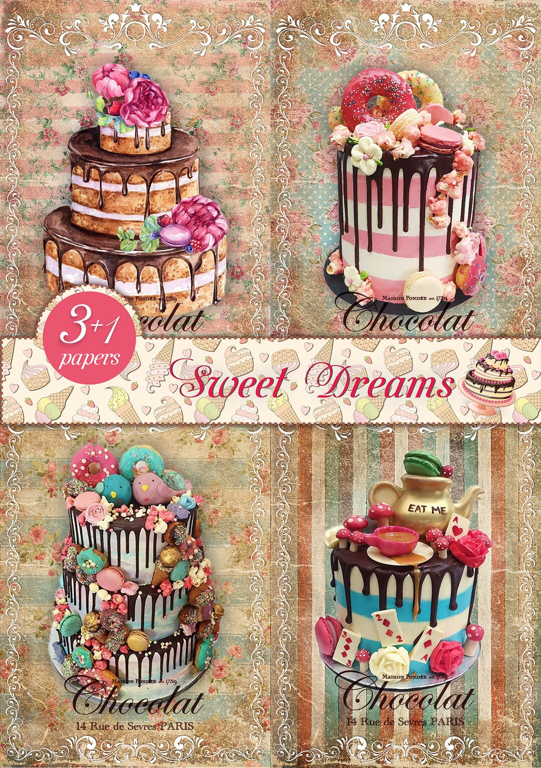 3+1 FREE Digital Paper Printable "sweet Dreams" A4 Sheet Bundle JPG ...