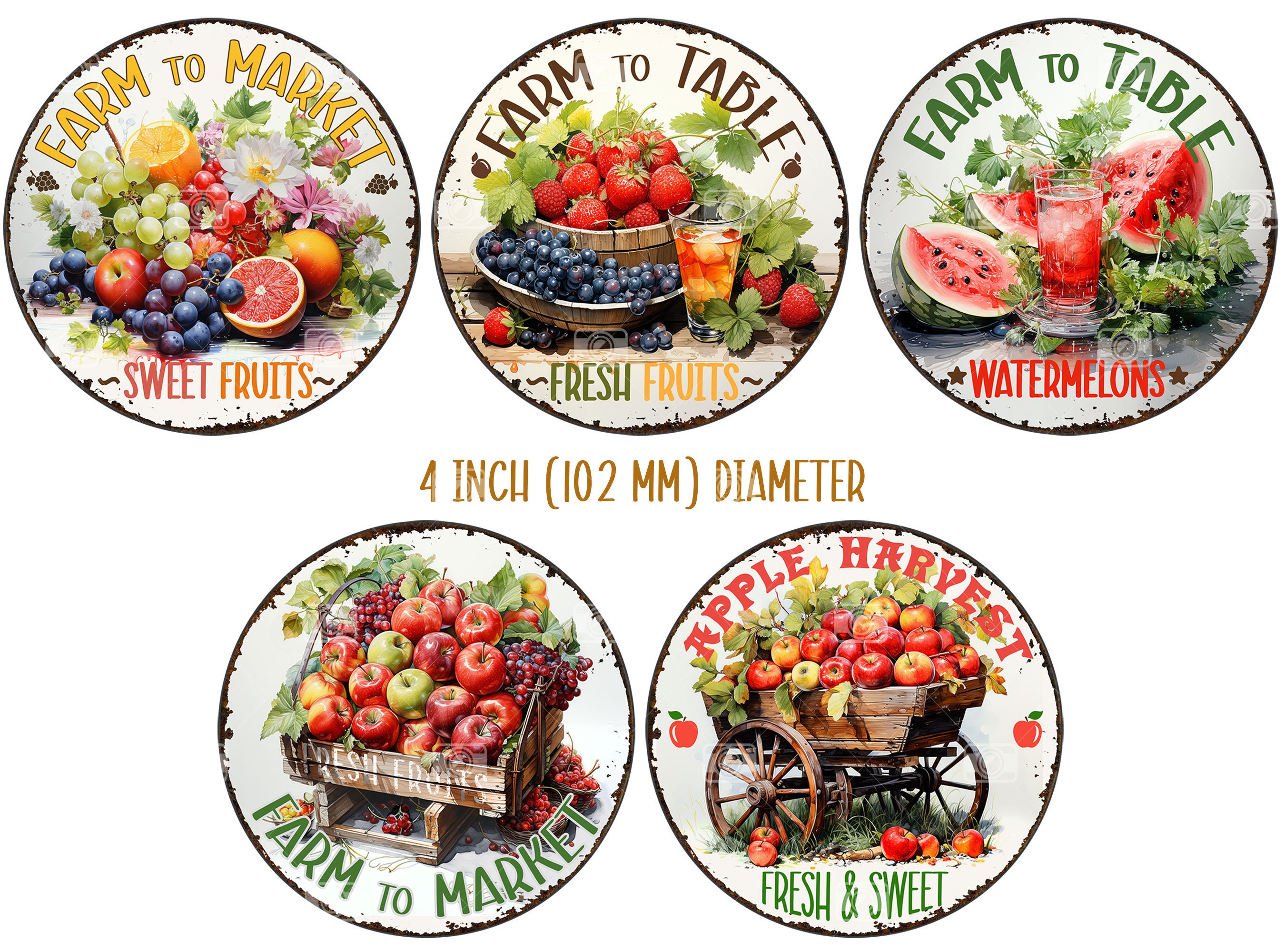 4 Inch Farm Fresh Fruits Round Images Digital Printable - Etsy