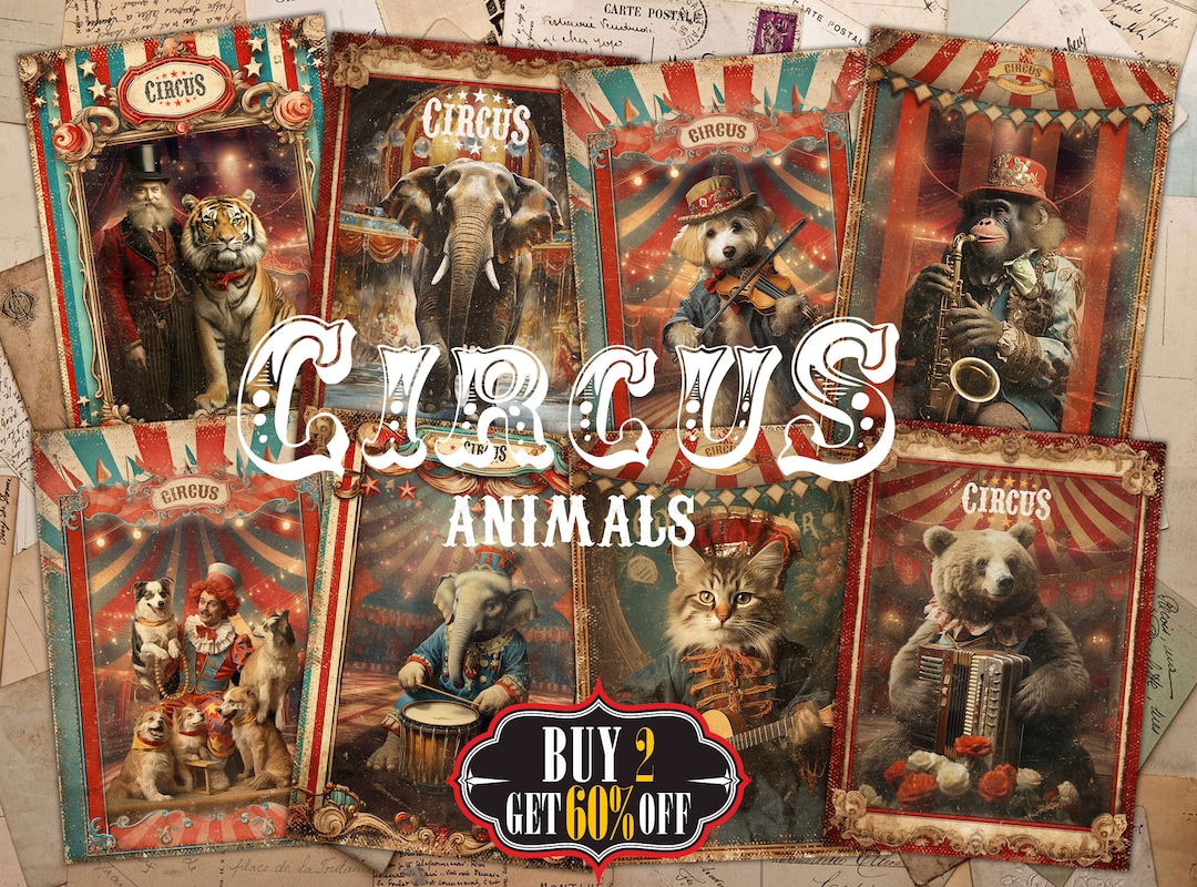 Circus Animals Digital ATC Cards - 8 Printable Junk Journal Kit, Cute ...