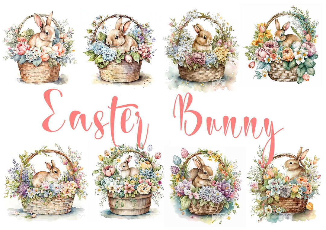 7 A4 Digital Paper Pack Watercolor Easter Bunny Basket Spring Flowers ...