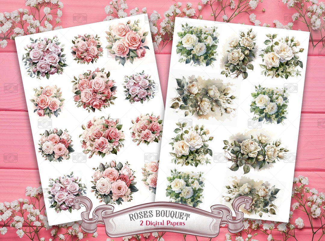 2 Digital Paper Printable Roses Bouquet A4 Sheet Set - 21 Floral ...