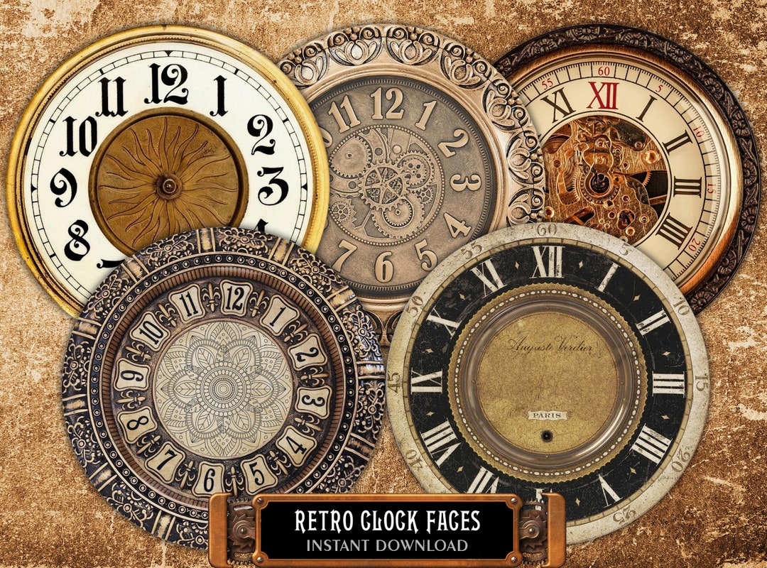 5 Retro Clock Faces 8", 6", 4" Antique Watch Template Images for ...