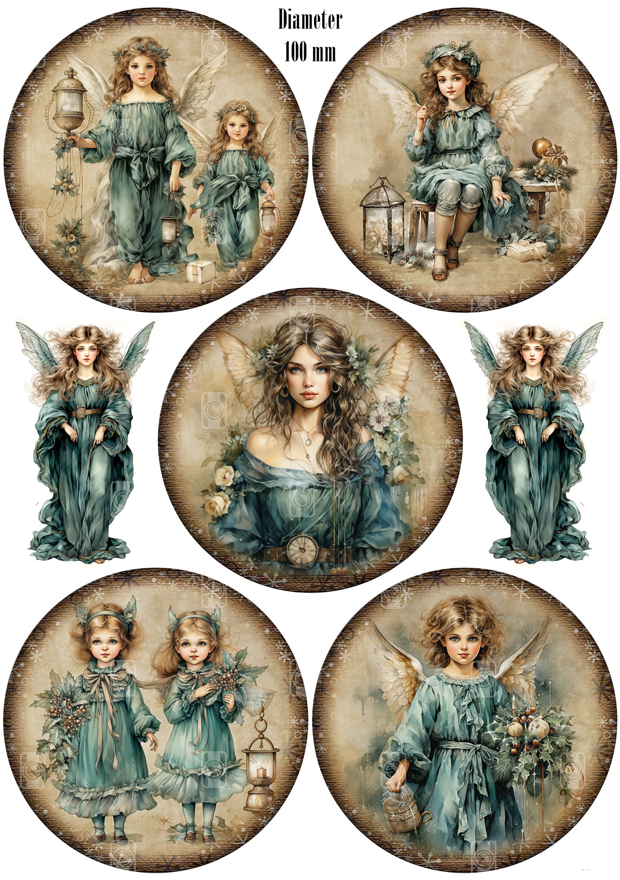10 Victorian Christmas Angels Vintage Art Round Images PNG and 2 ...