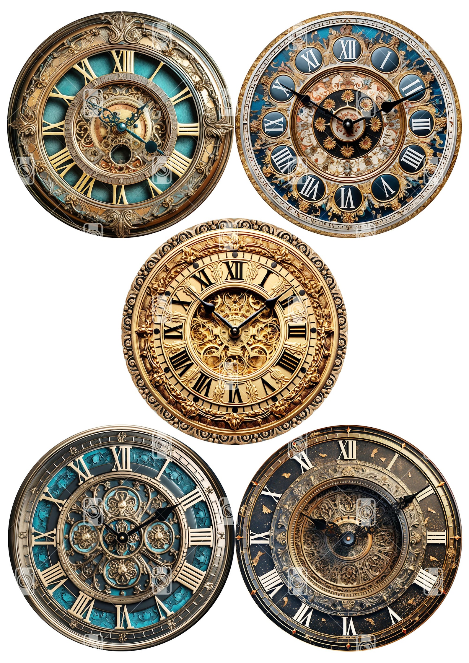 Vintage Clock Face PNG Images Kit and 2 Printable A4 Sheets 10 Round ...