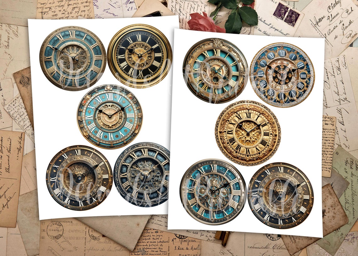 Vintage Clock Face PNG Images Kit and 2 Printable A4 Sheets 10 Round ...