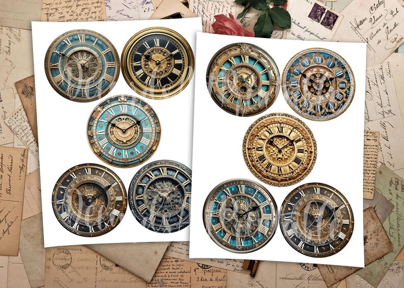 Vintage Clock Face PNG Images Kit and 2 Printable A4 Sheets 10 Round ...