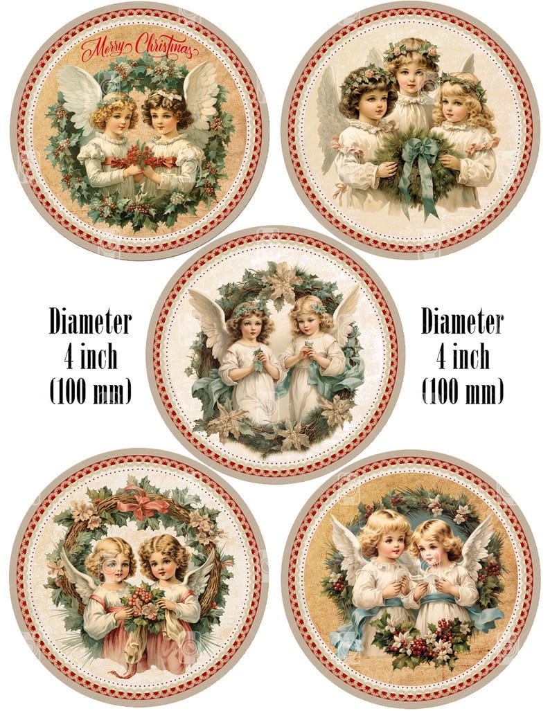 10 Retro Christmas Angels Round Images PNG and 2 Digital Printable ...