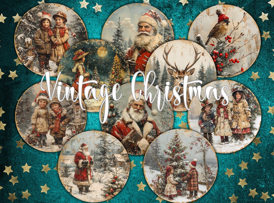 10 Vintage Christmas Victorian Art Round Images PNG and 2 Digital ...