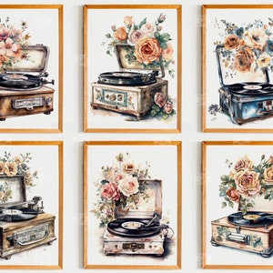 Retro Vinyl Record Player Digital Paper Pack - 18 Watercolor Floral ...