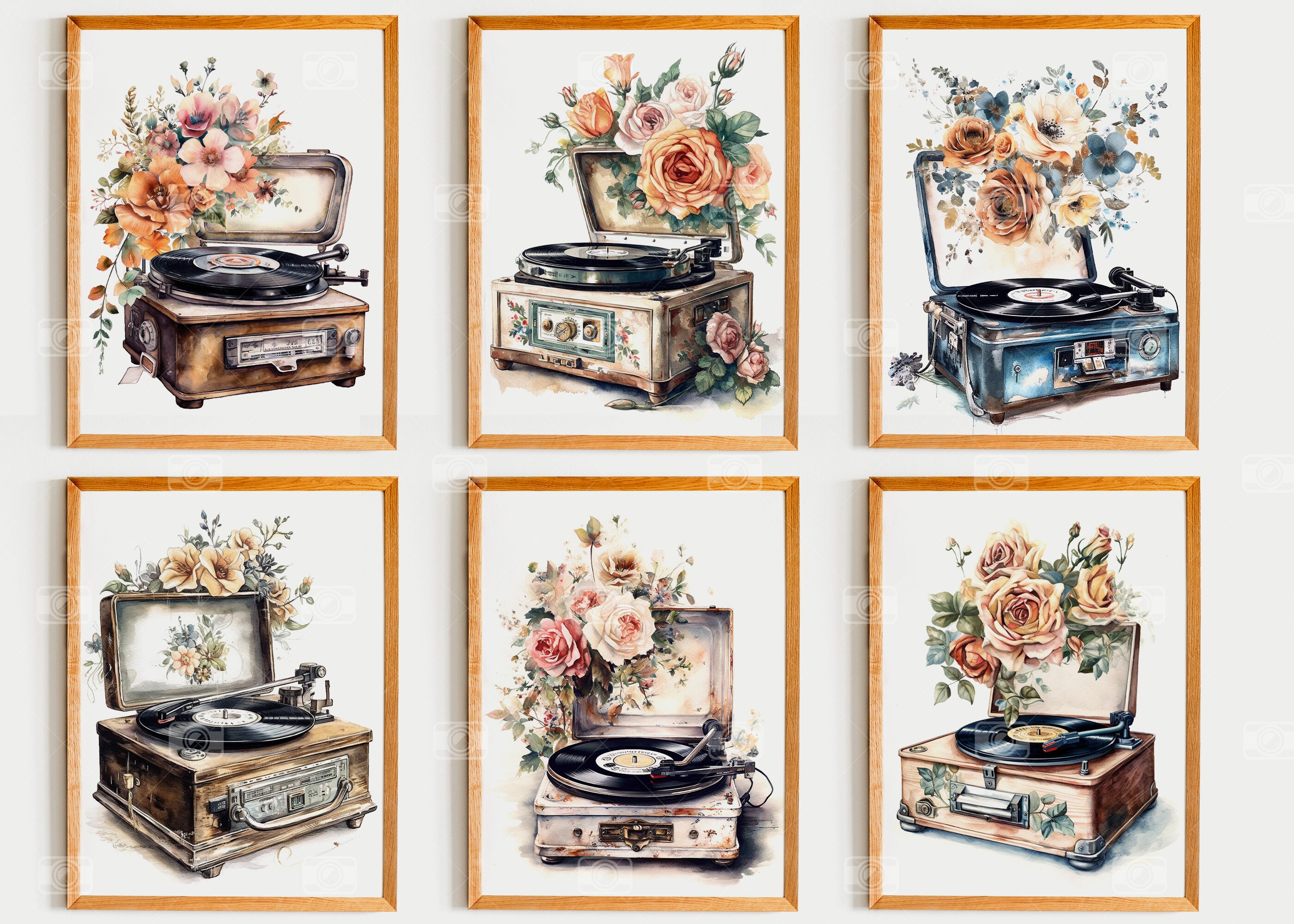 Retro Vinyl Record Player Digital Paper Pack - 18 Watercolor Floral ...