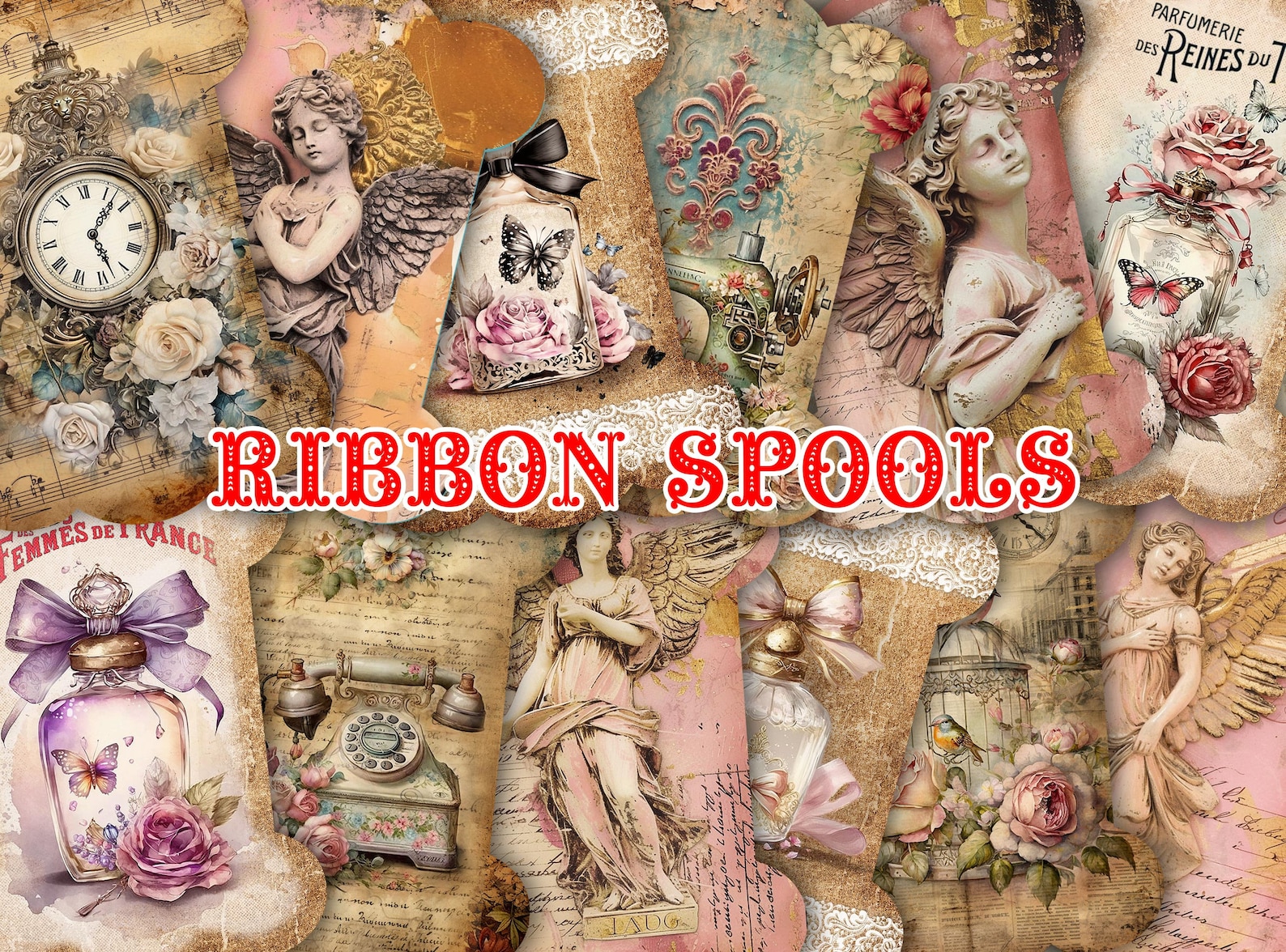 12 Digital Spool Cards, Printable Vintage Template of Ribbon Storage ...