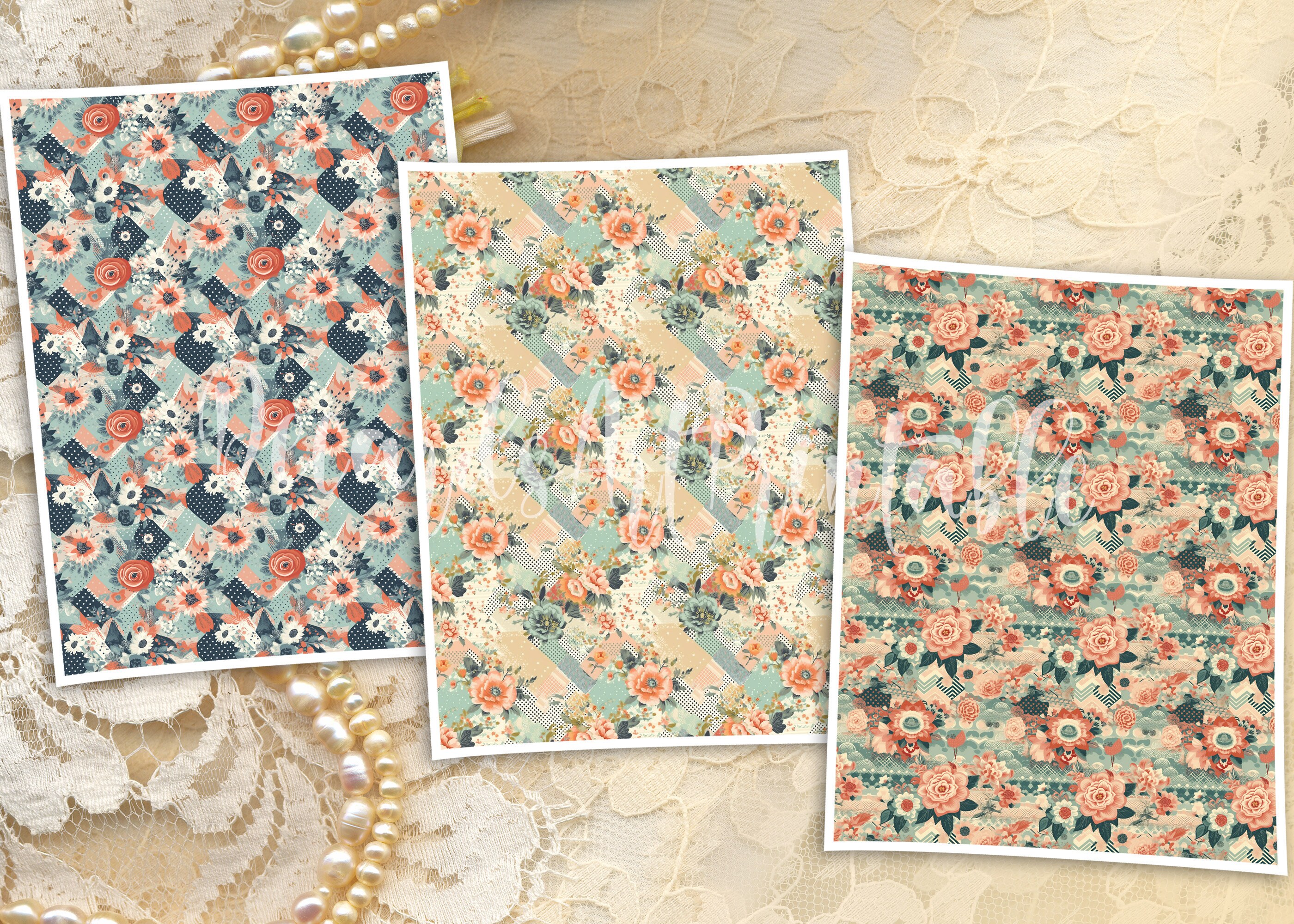 12 Retro Flowers Floral Patterns Printable Digital Background, Vogue ...