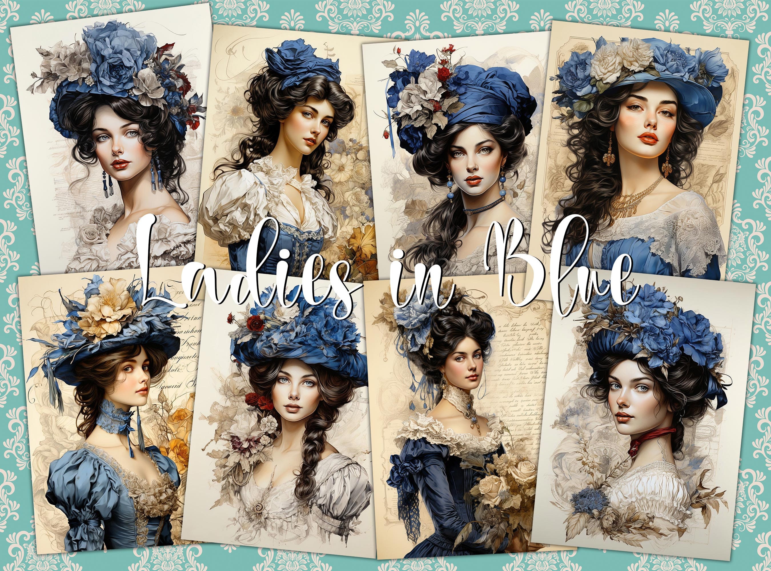 Victorian Ladies in Blue Digital ATC Cards - 8 Printable Rococo Art ...