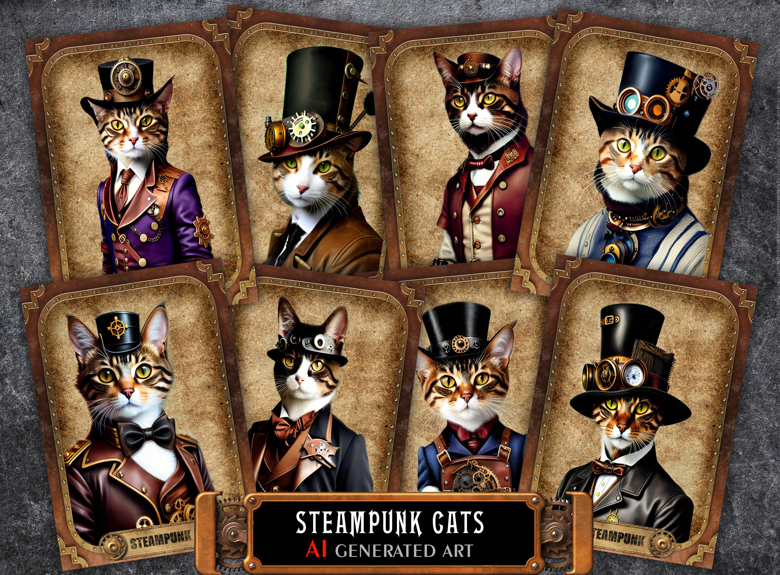 Digital ATC Cards Steampunk Cats AI Generated Art 8 - Etsy