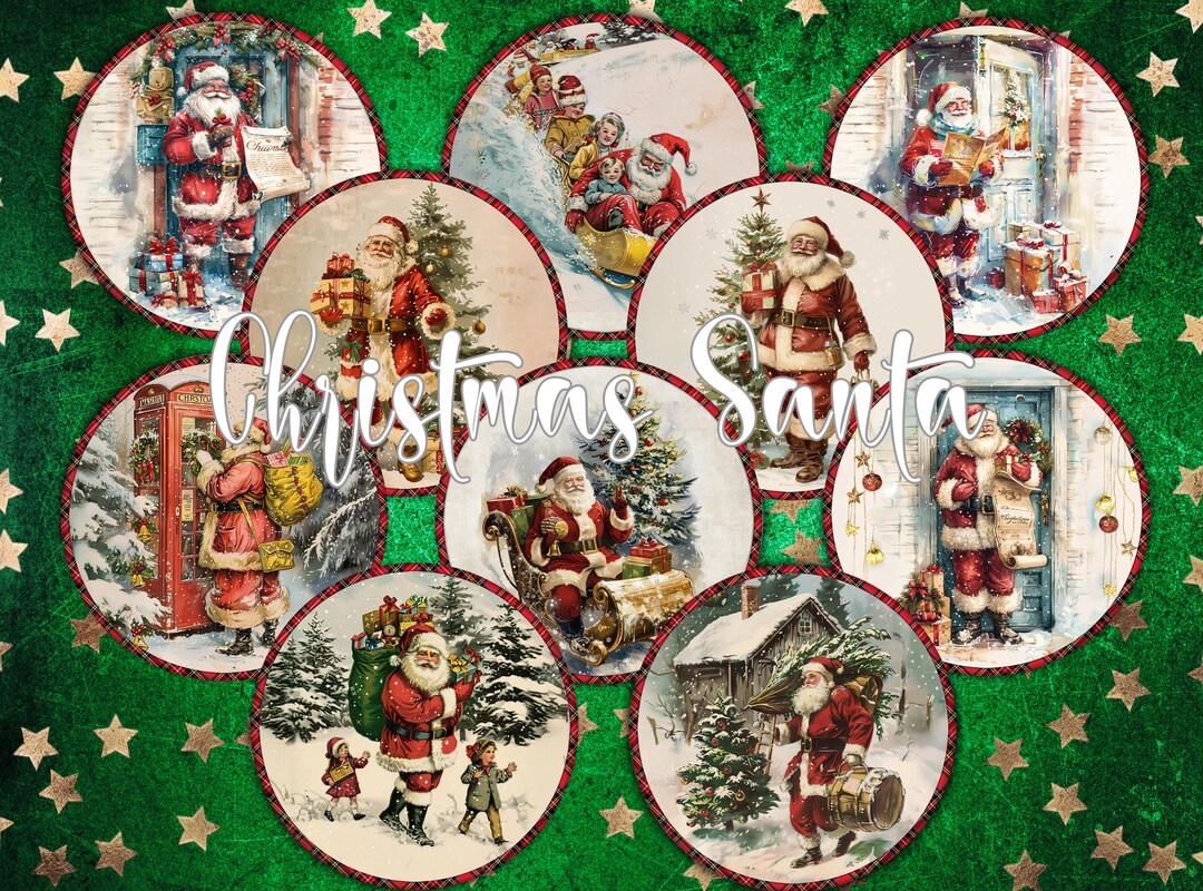 10 Vintage Christmas Santa Round Images PNG and 2 Digital Printable ...