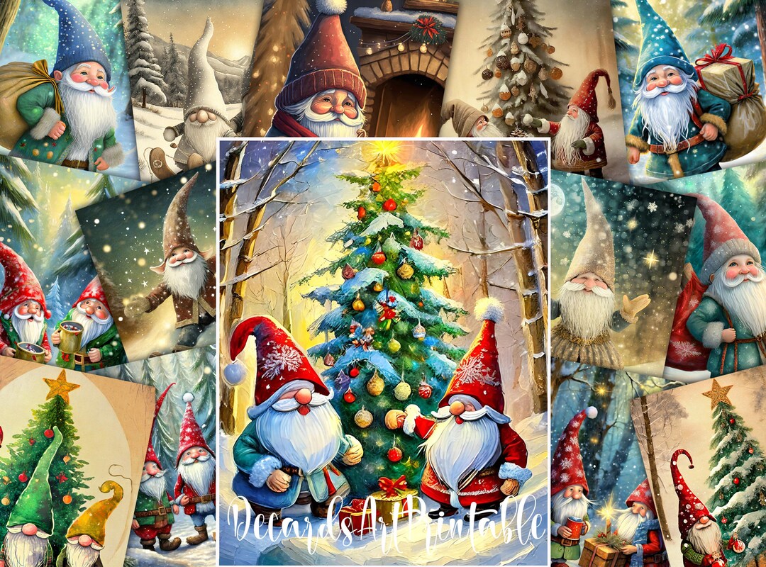 20 Christmas Gnomes Digital Paper Pack, Whimsical Scandinavian Art Winter Holiday Clipart, Cute ...