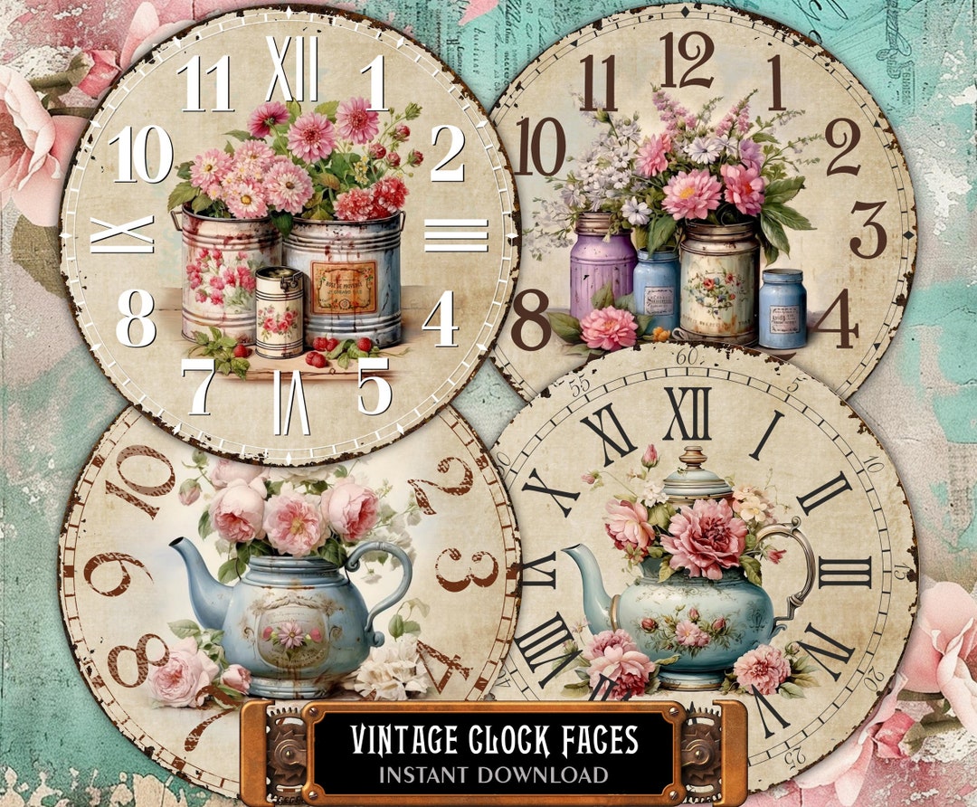 4 Vintage Clock Faces 8", 6", 4" Floral Retro Watch Dials Images for ...