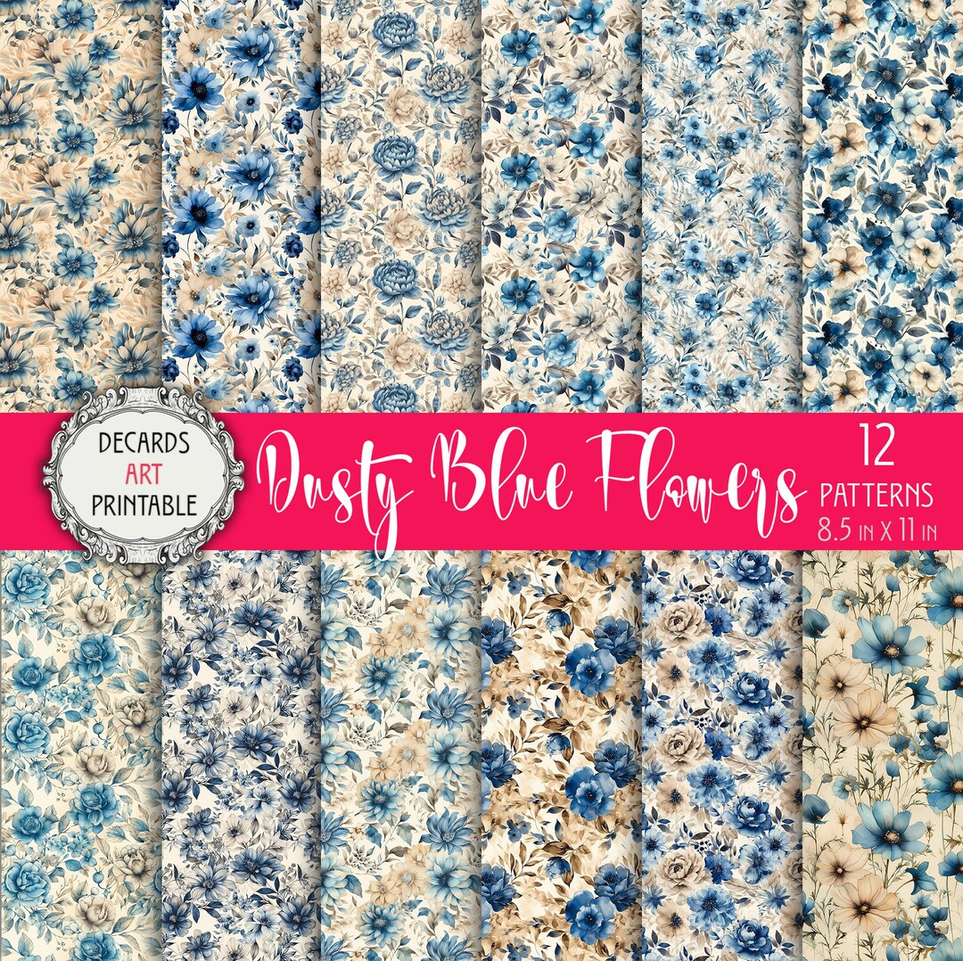 12 Dusty Blue Floral Patterns Printable Digital Background, Watercolor ...