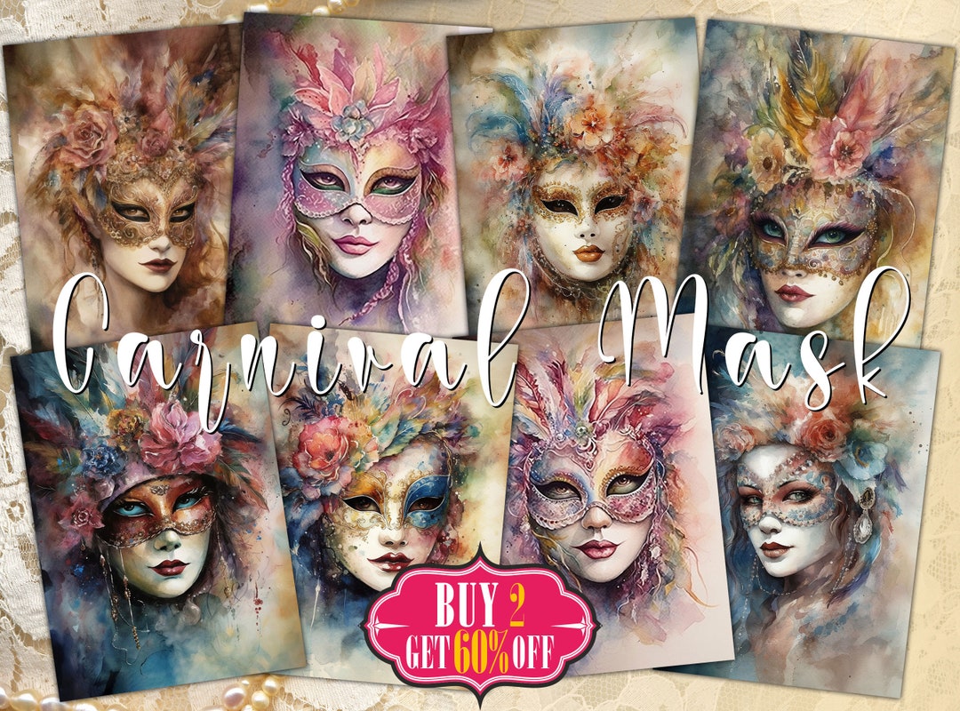 Carnival Mask Digital ATC Cards - 8 Printable Watercolor Shabby Chic ...