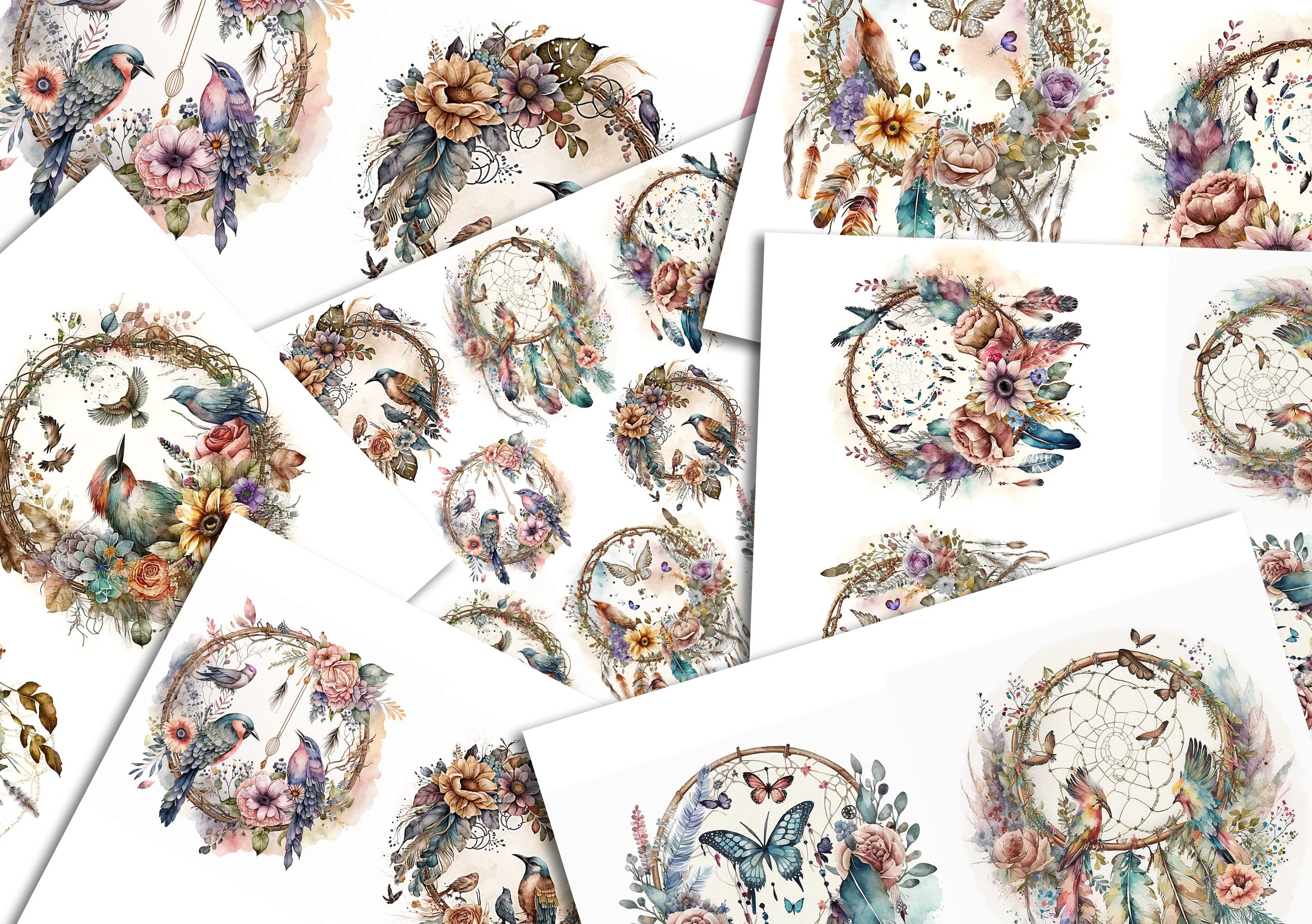 7 Digital Paper Pack Dream Catchers Watercolor Wreath Boho Dreamcatcher ...