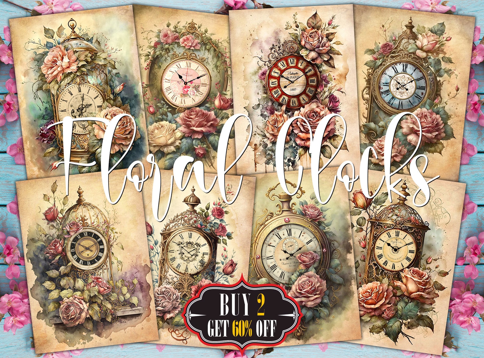 Floral Antique Clock Digital ATC Cards 8 Printable - Etsy