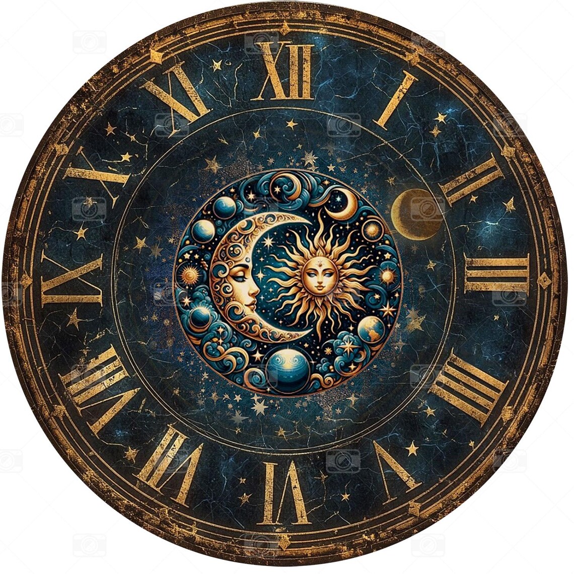 2 Celestial Art Clock Faces - 8" Printable Tarot Sun Moon Stars Design ...