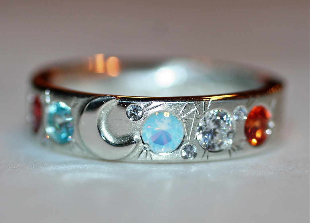 MOON GODDESS BAND * Your Desired Gemstones * Raised Crescent Moon ...