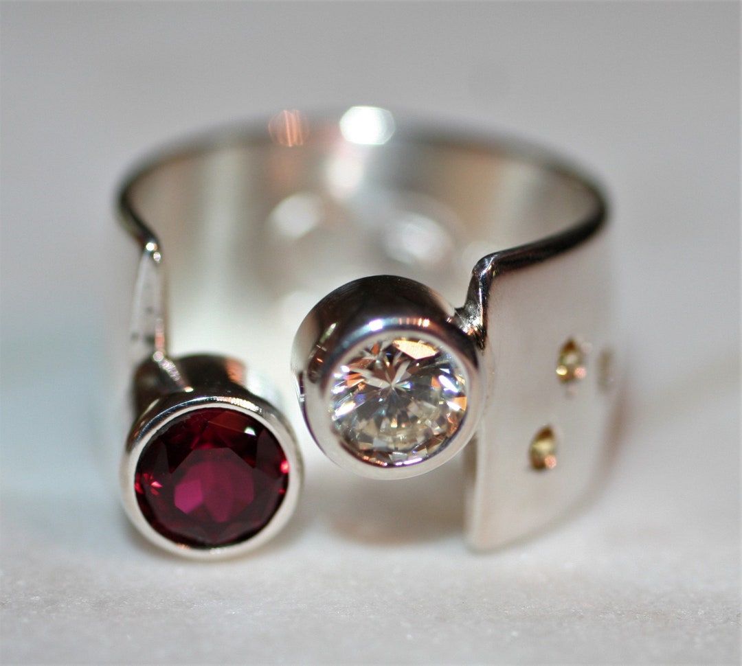 ABSTRACT GEMSTONE RING * Hand Cut Ruby and Cubic Zirconia * Wide ...