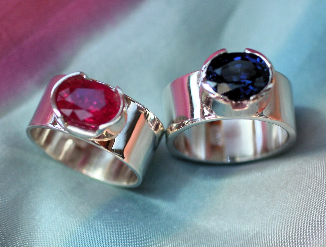 BOLD BEZELED GEMSTONE Ring Wide Sterling Silver Band Scooped or Squared ...