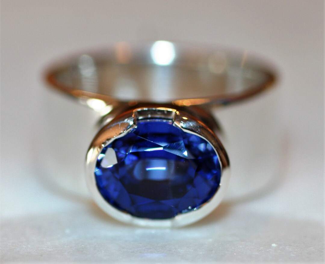 BOLD BEZELED GEMSTONE Ring Wide Sterling Silver Band Scooped or Squared ...